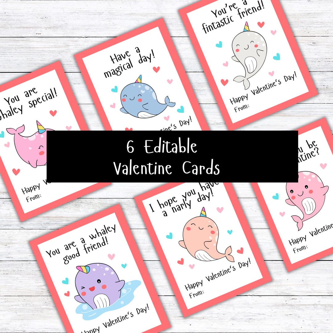 Narwhal Valentines Cards for Kids, Printable Narwhal Valentine Cards ...