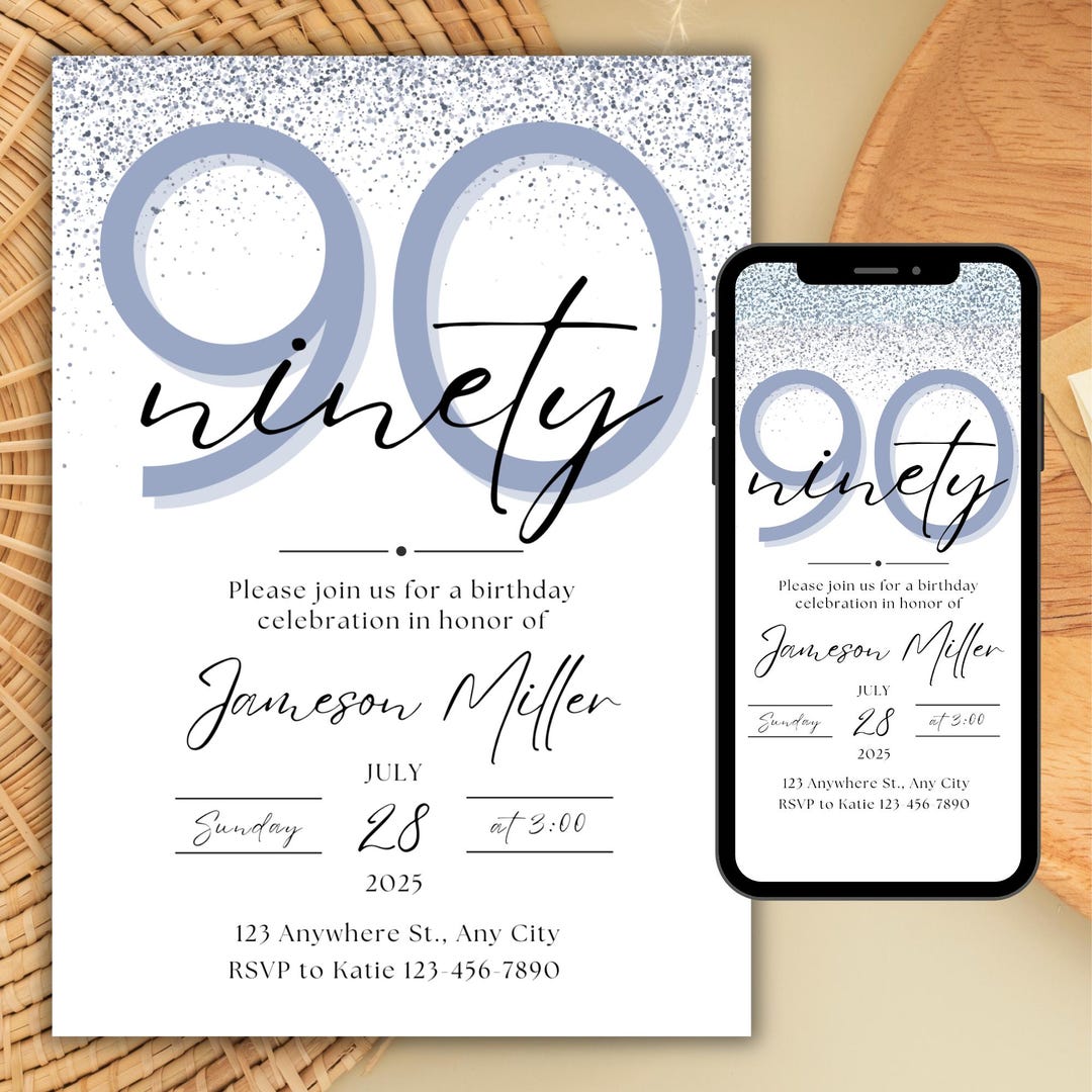 90th Birthday Party Invite for Male, Editable 90 Year Birthday ...