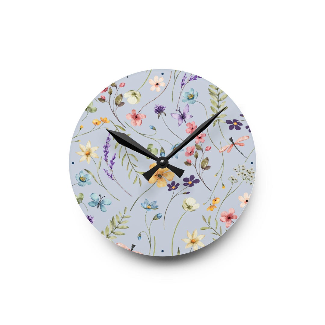 Floral Botanical Wall Clock, Decorative Wall Clocke, Blue Wall Clocks ...