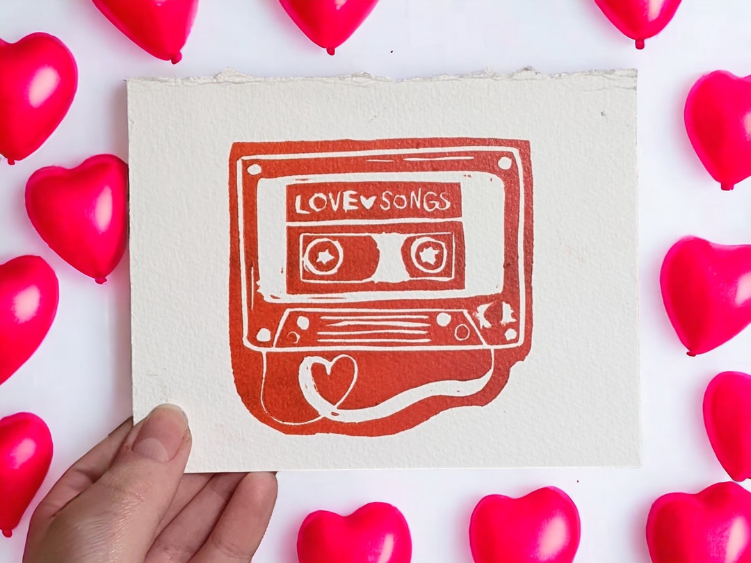 Love Songs Mixtape Card | Linocut | Blank Folded Card | Greeting Card ...