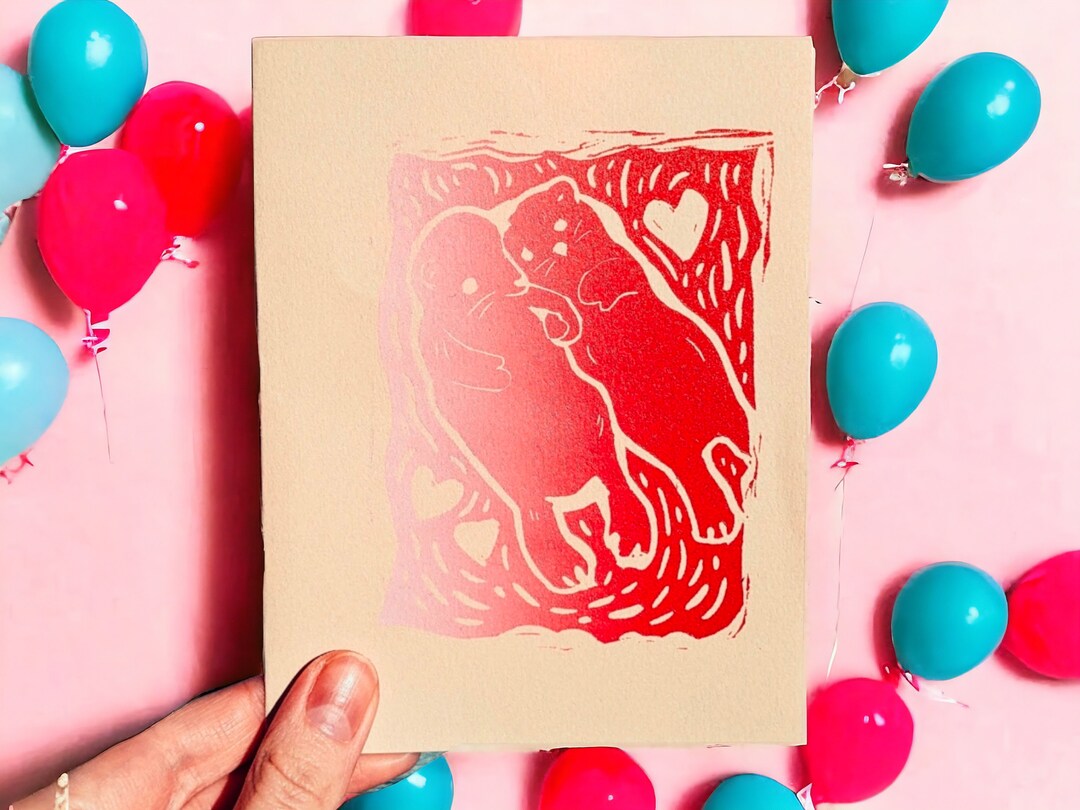 Linocut Otters Print Printmaking Linoprint Valentine's Day Gift - Etsy