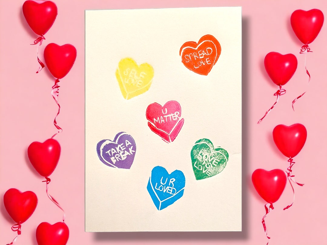 Rainbow "sweet" Hearts Card | Candy Hearts | Linocut | Blank Folded ...