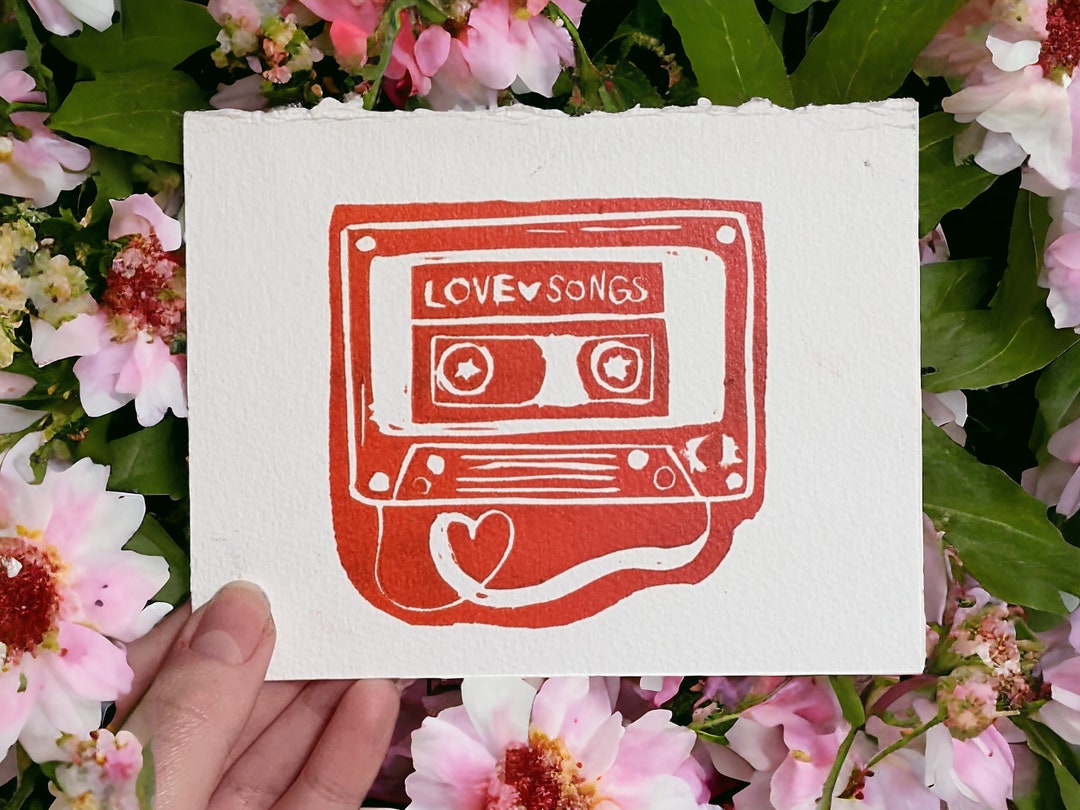 Linocut Love Songs Mixtape Print Printmaking Linoprint Valentine's Day ...