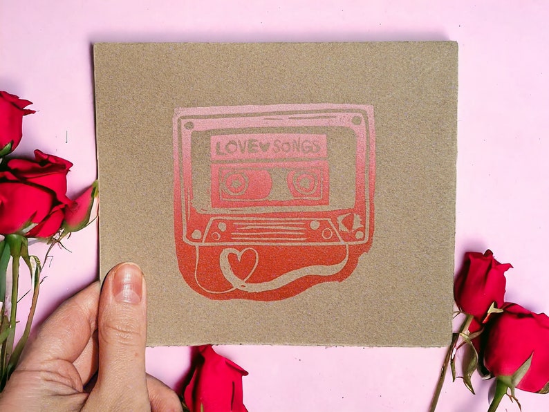 Linocut Love Songs Mixtape Print Printmaking Linoprint Valentine's Day ...
