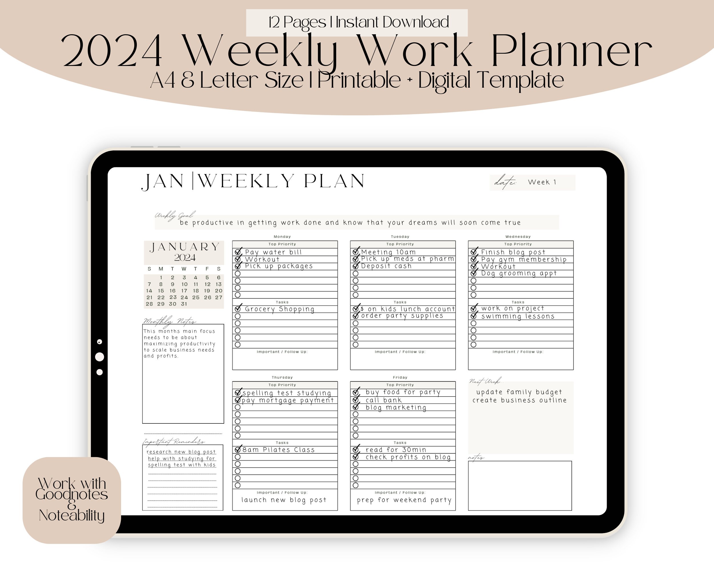 2024 Weekly Work Planner Printable, Digital Work Planner, Digital ...