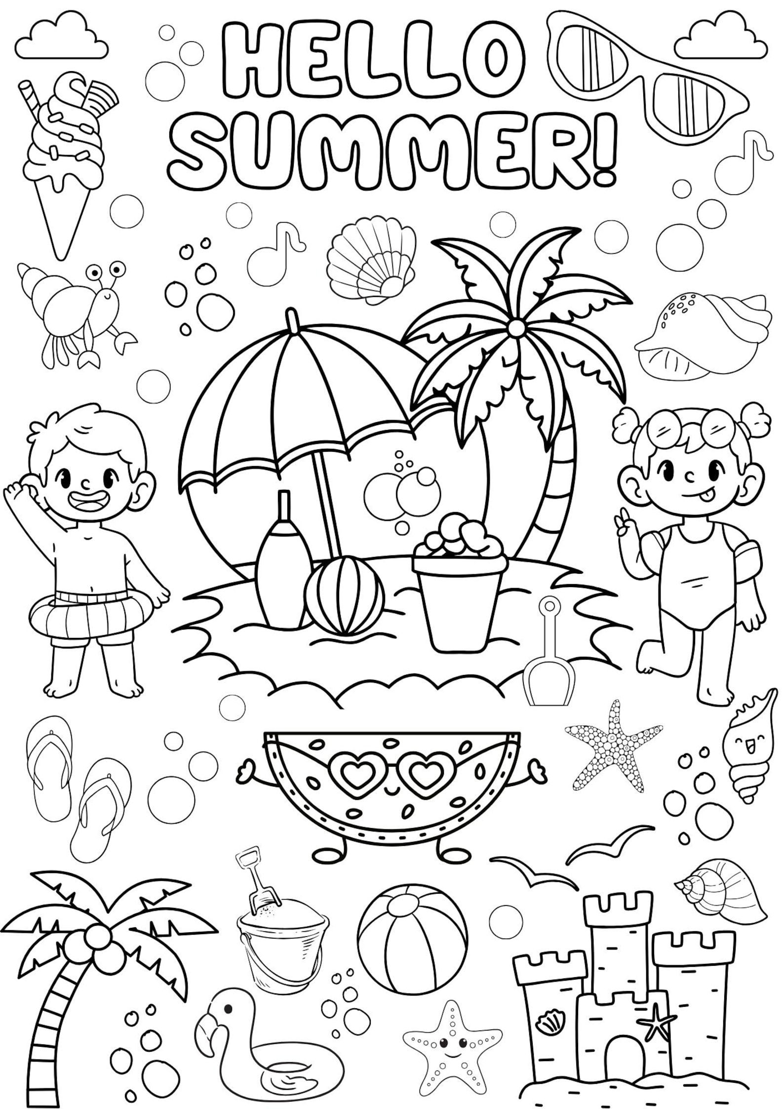 Summer Coloring Page for Kids | Printable PNG | Hello Summer Coloring ...