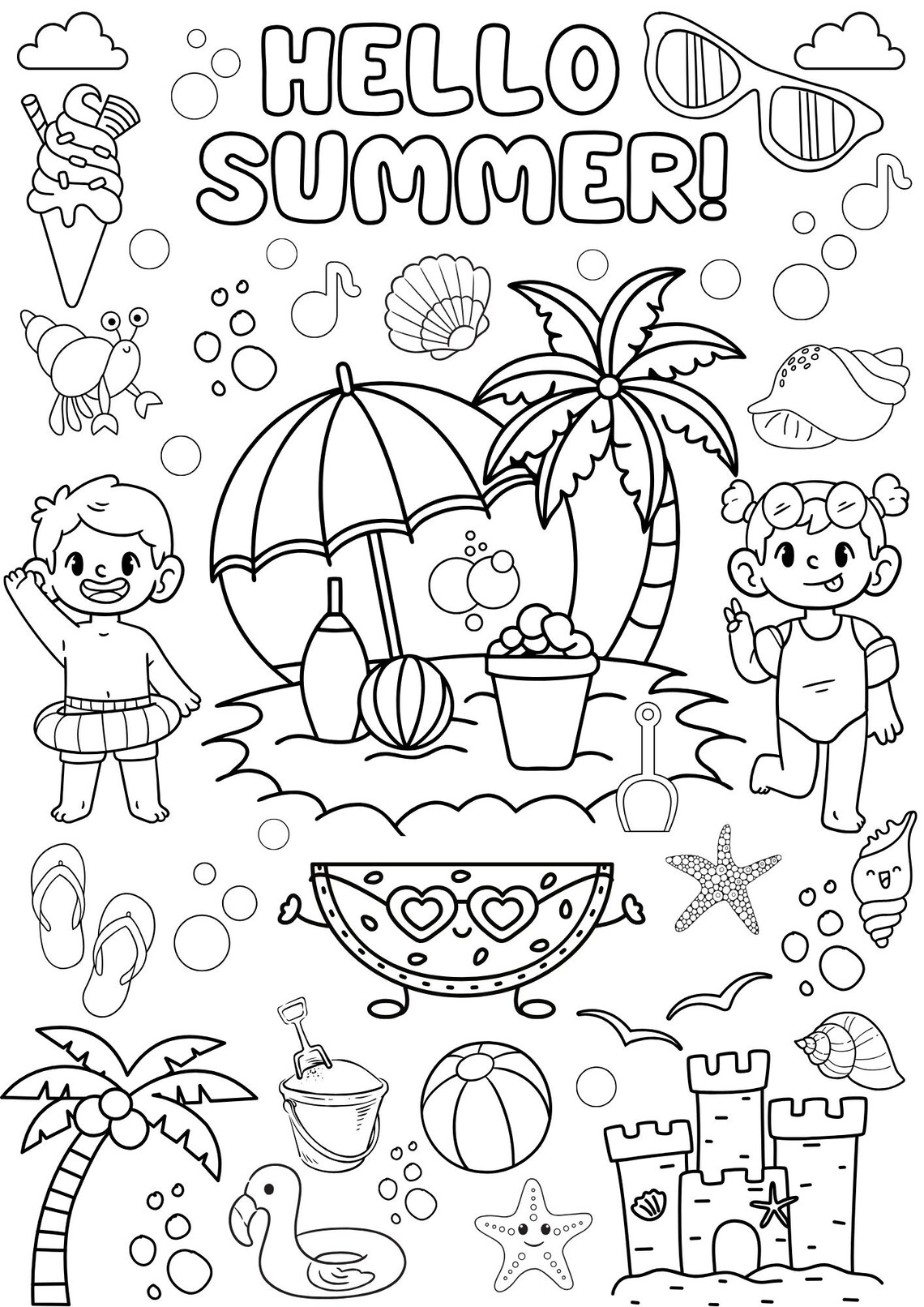 Summer Coloring Page for Kids | Printable PNG | Hello Summer Coloring ...
