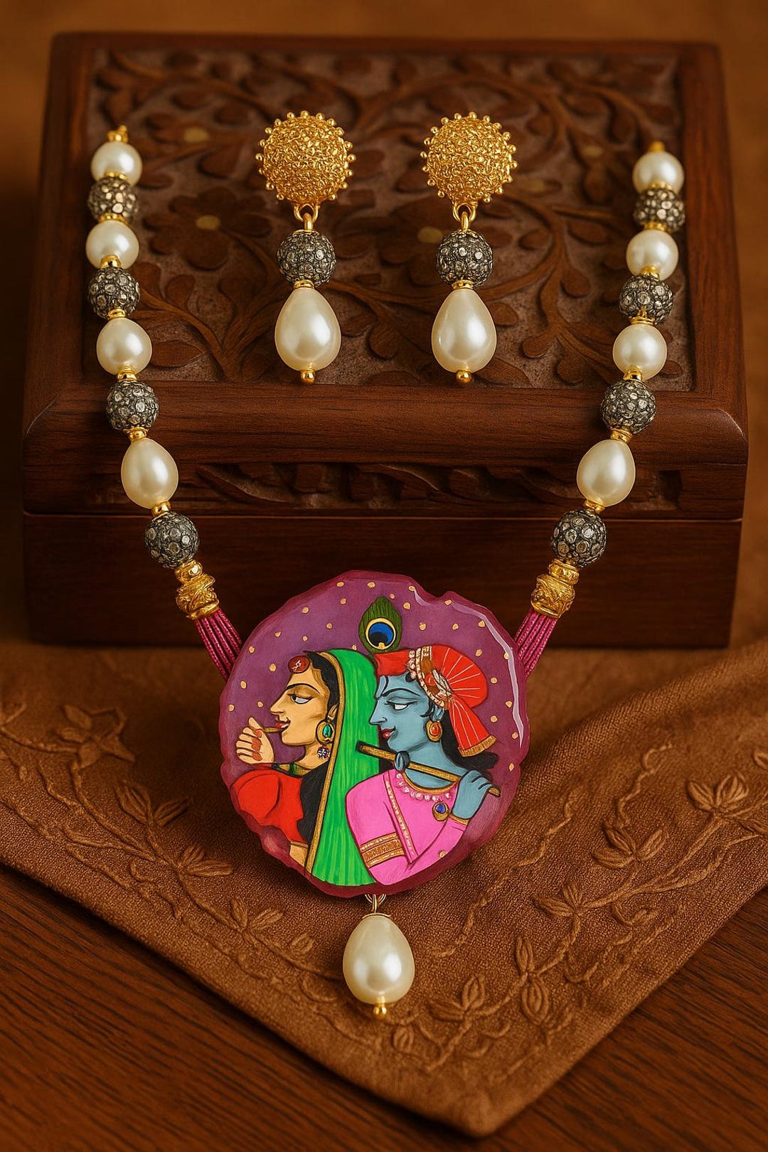 Radha Krishna Art Necklace With Matching Earrings | Pearl & Oxidized ...