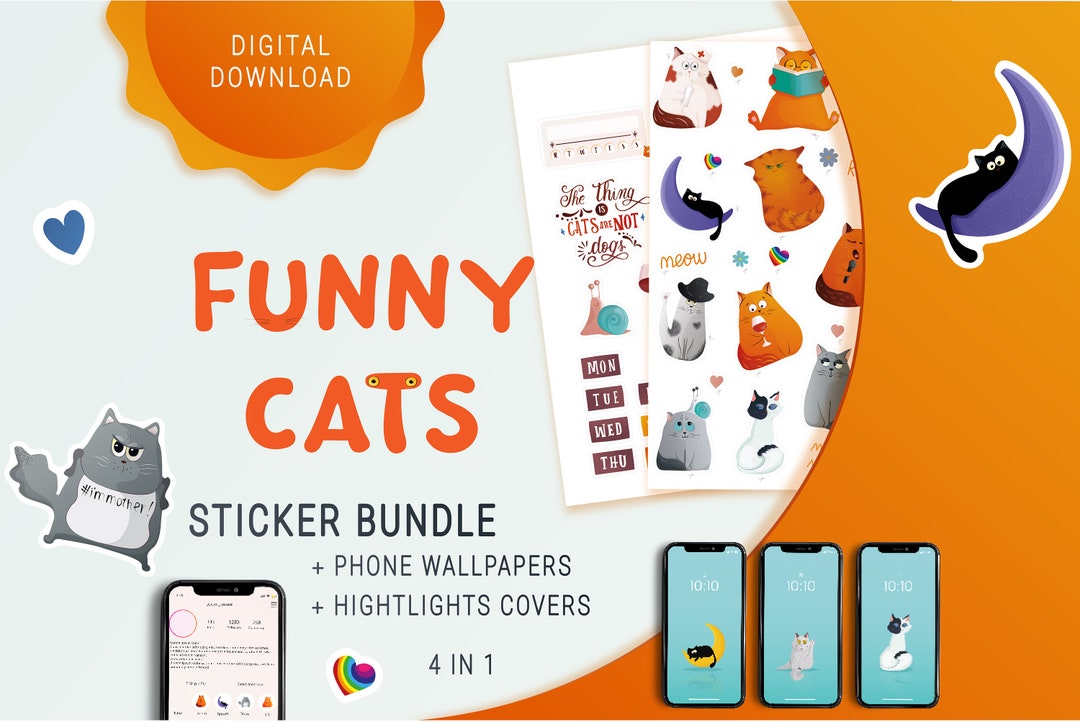 A Cat Lover's Sticker Set. Printable Stickers Funny Cats. Digital ...