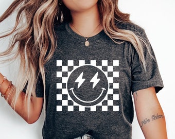 Checkered Pattern Smile Face Shirt,retro Smiley Face Shirt,smile Face ...