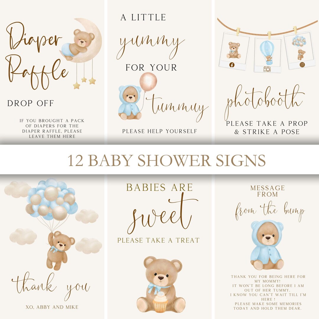 Editable Blue Teddy Bear Baby Shower Signs We Can Bearly Wait Boho Boy ...