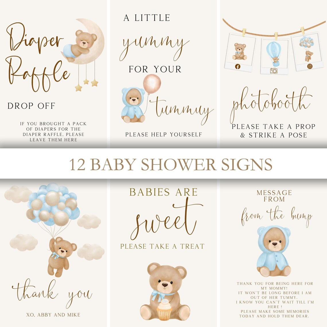 Teddy Bear Baby Shower Signs: Boho Blue Bear Decor (editable) - Etsy