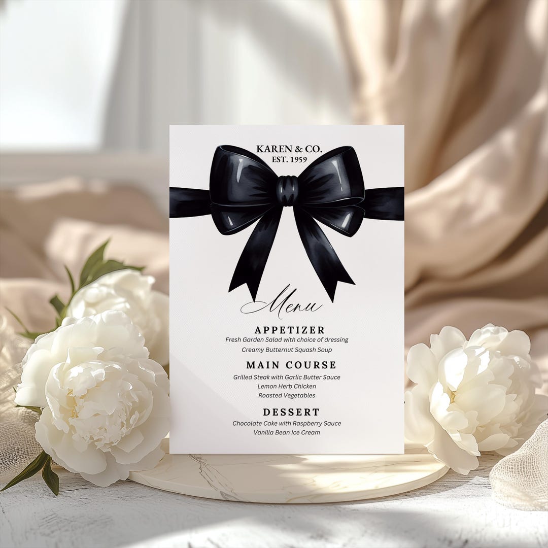 Elegant Black Menu Sign 5x7 With Ribbon: Editable Party Menu (canva ...