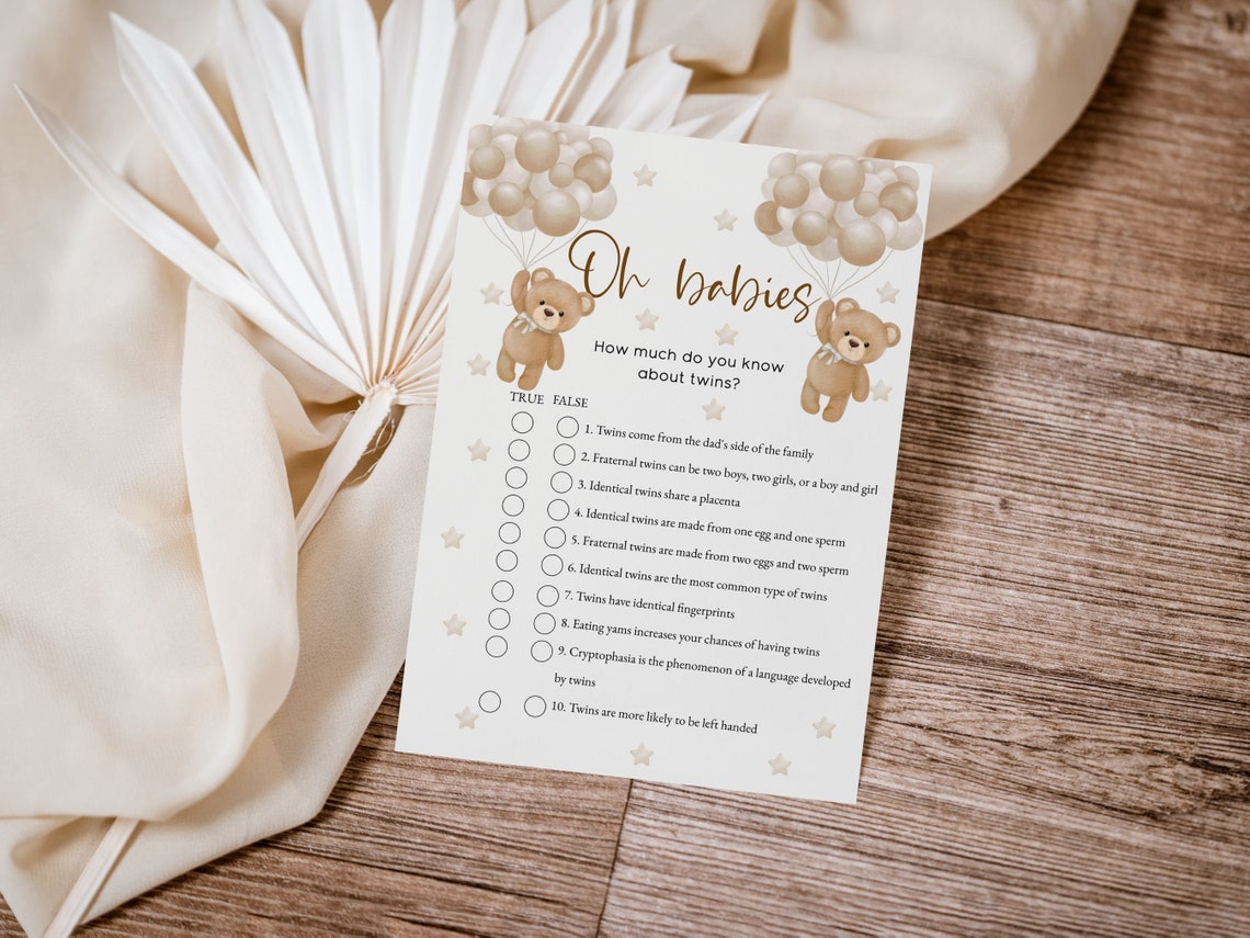 Teddy Bear Twin Baby Shower Trivia Game (instant Download) - Etsy