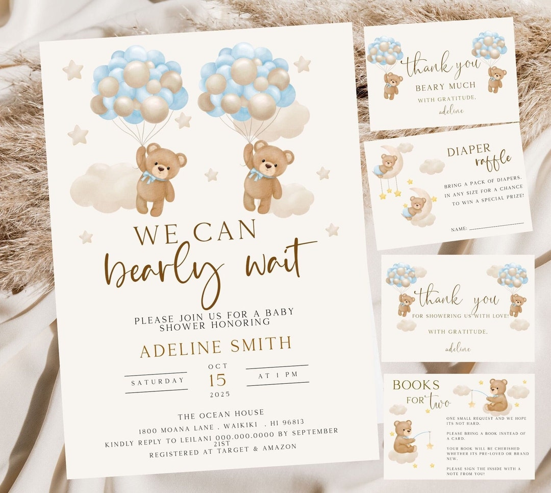 Twin Boys Teddy Bear We Can Bearly Wait Baby Shower Invitation Editable Twin Boys Shower ...