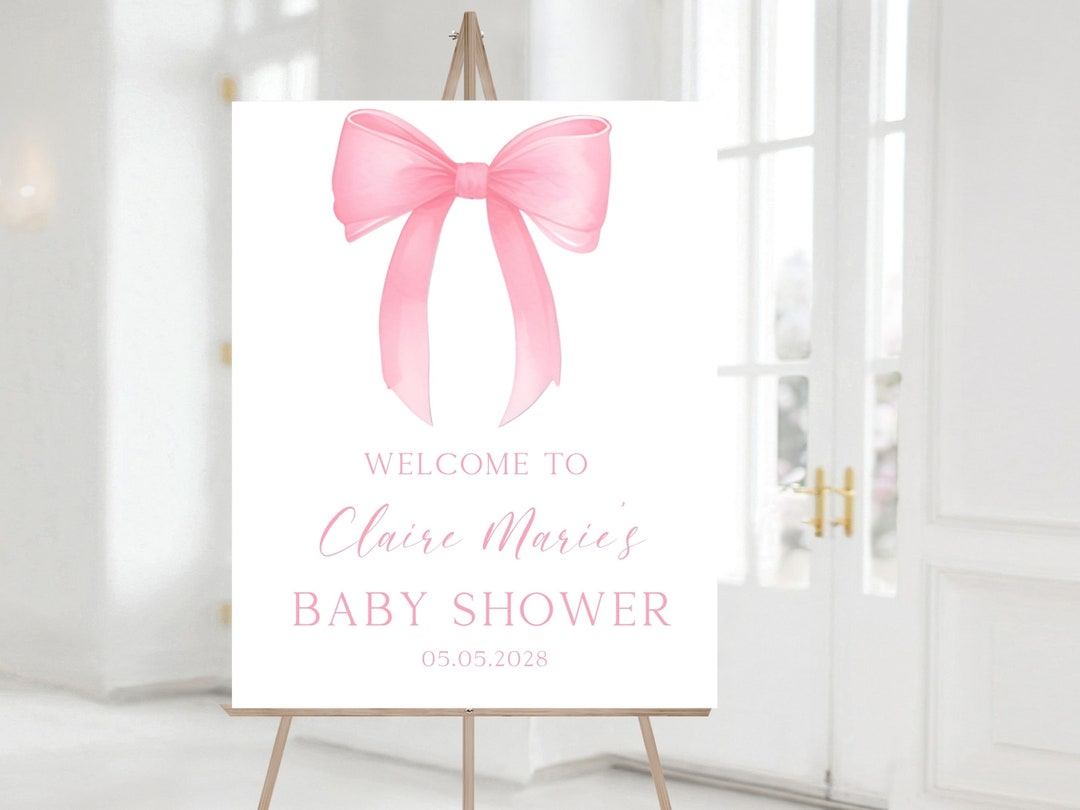 EDITABLE Pink Bow Baby Shower Minimalist Shower Decor Pink Watercolor ...