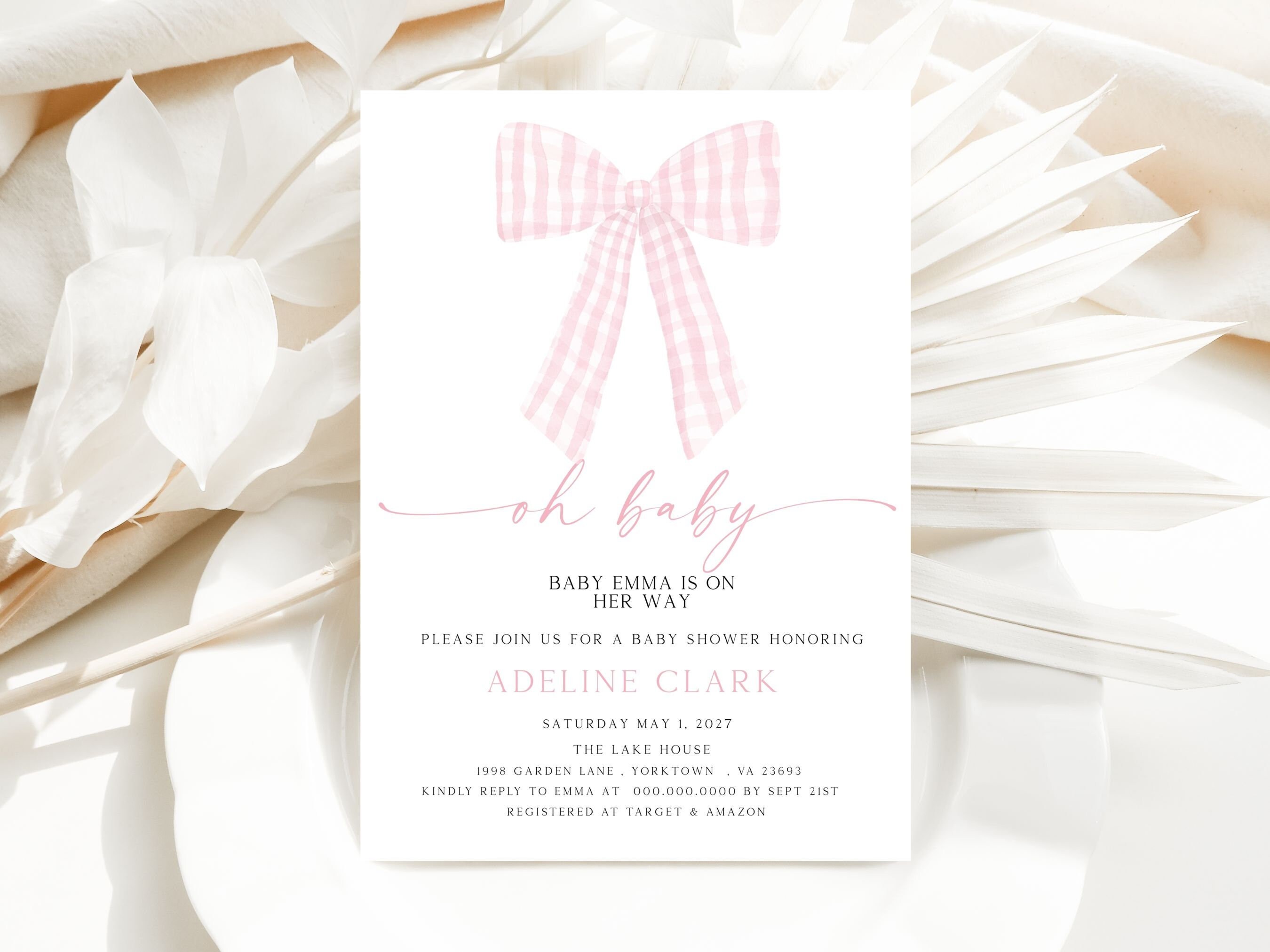 Editable Oh Baby Pink Checkered Bow Baby Shower Invitation Package Pink ...
