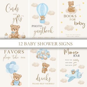 Editable Blue Teddy Bear Baby Shower Signs We Can Bearly Wait Boho Boy ...