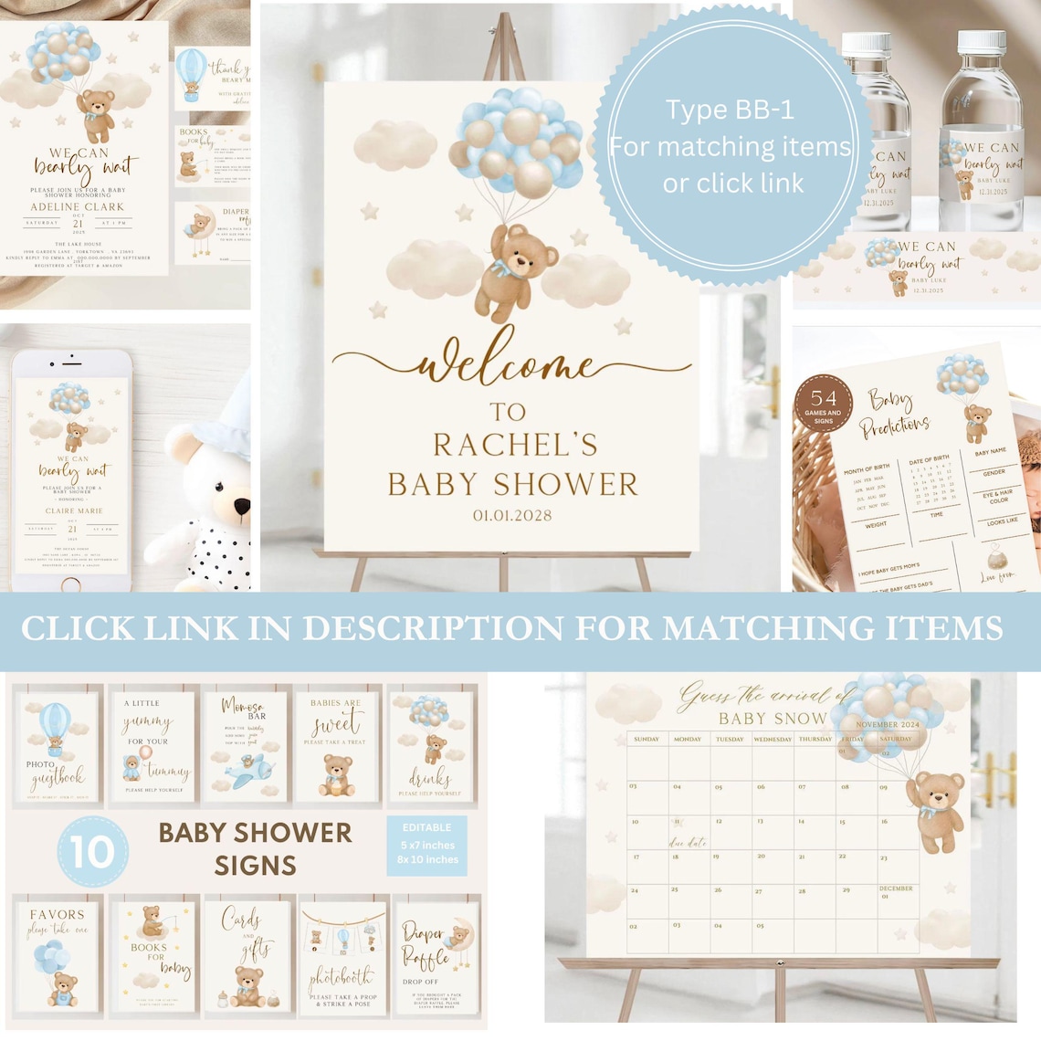 Teddy Bear Baby Shower Signs: Boho Blue Bear Decor (editable) - Etsy
