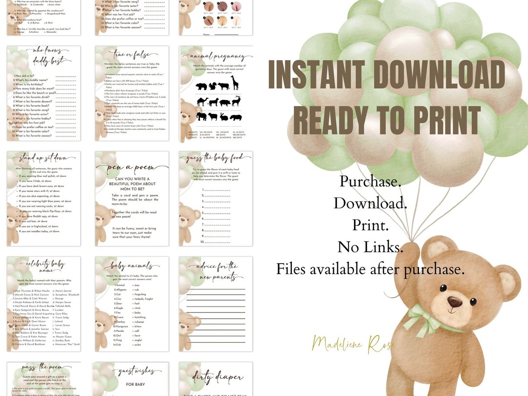 Teddy Bear Baby Shower Games: Sage Green, 80 Game Bundle (digital ...