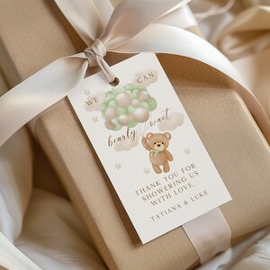 Editable We Can Bearly Wait Green Boho Bear Favor Baby Shower Tag , We ...