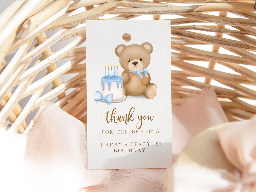 Editable First Birthday, Blue Teddy Bear Party Tags, Thank You Beary ...