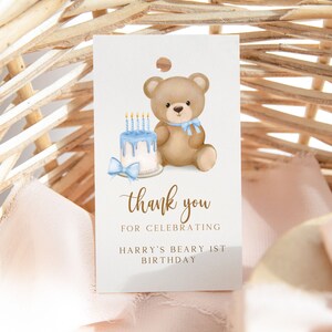 Editable First Birthday, Blue Teddy Bear Party Tags, Thank You Beary ...