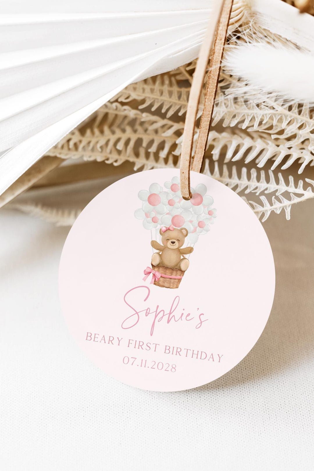 Editable Teddy Bear Daisy Balloon Birthday Favor Tag, Beary First ...