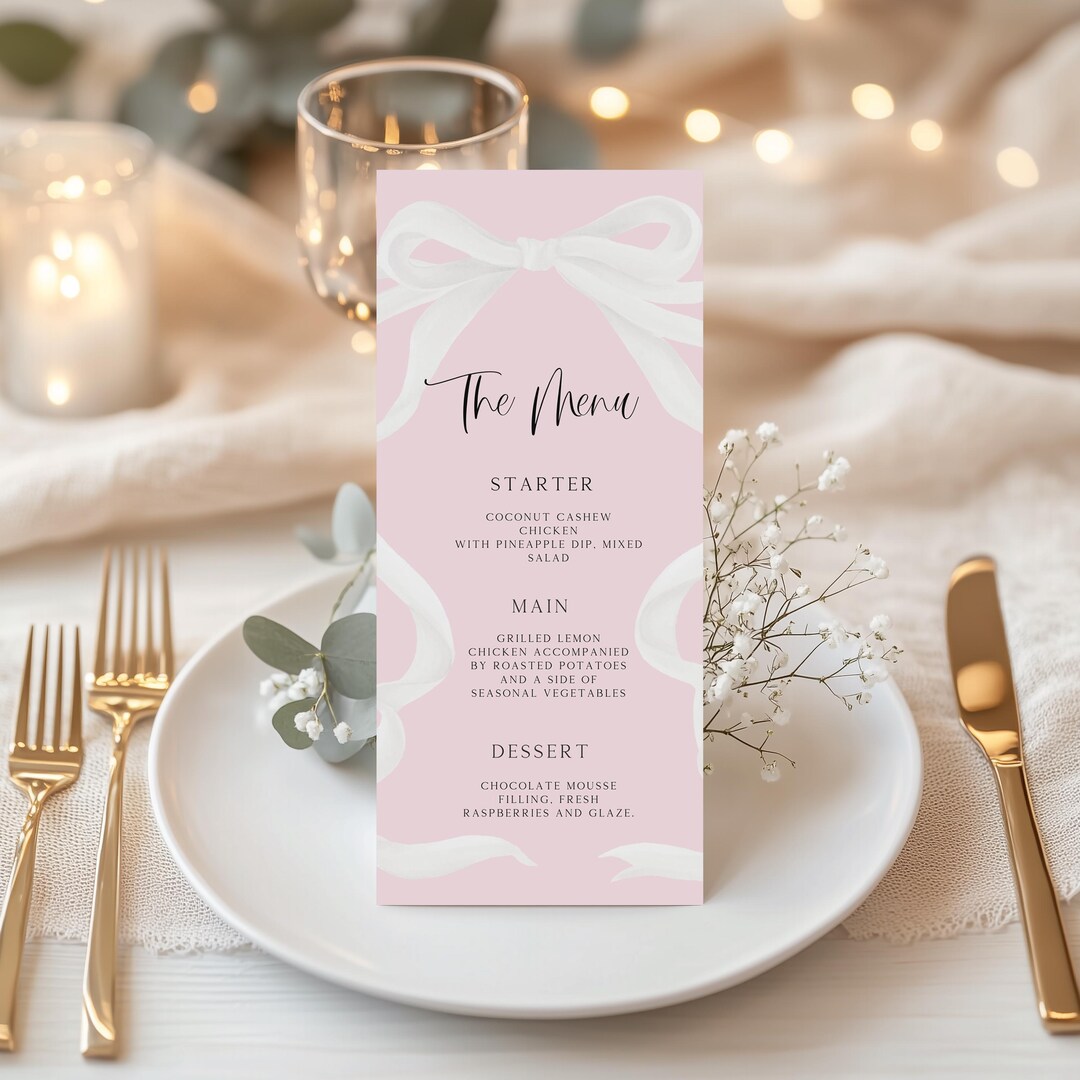 Editable White Coquette Bow Menu, Elegant Pink Party Design for Bridal ...