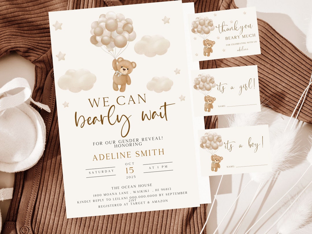 Gender Neutral Gender Reveal Invitation Boho Watercolor Bear With ...