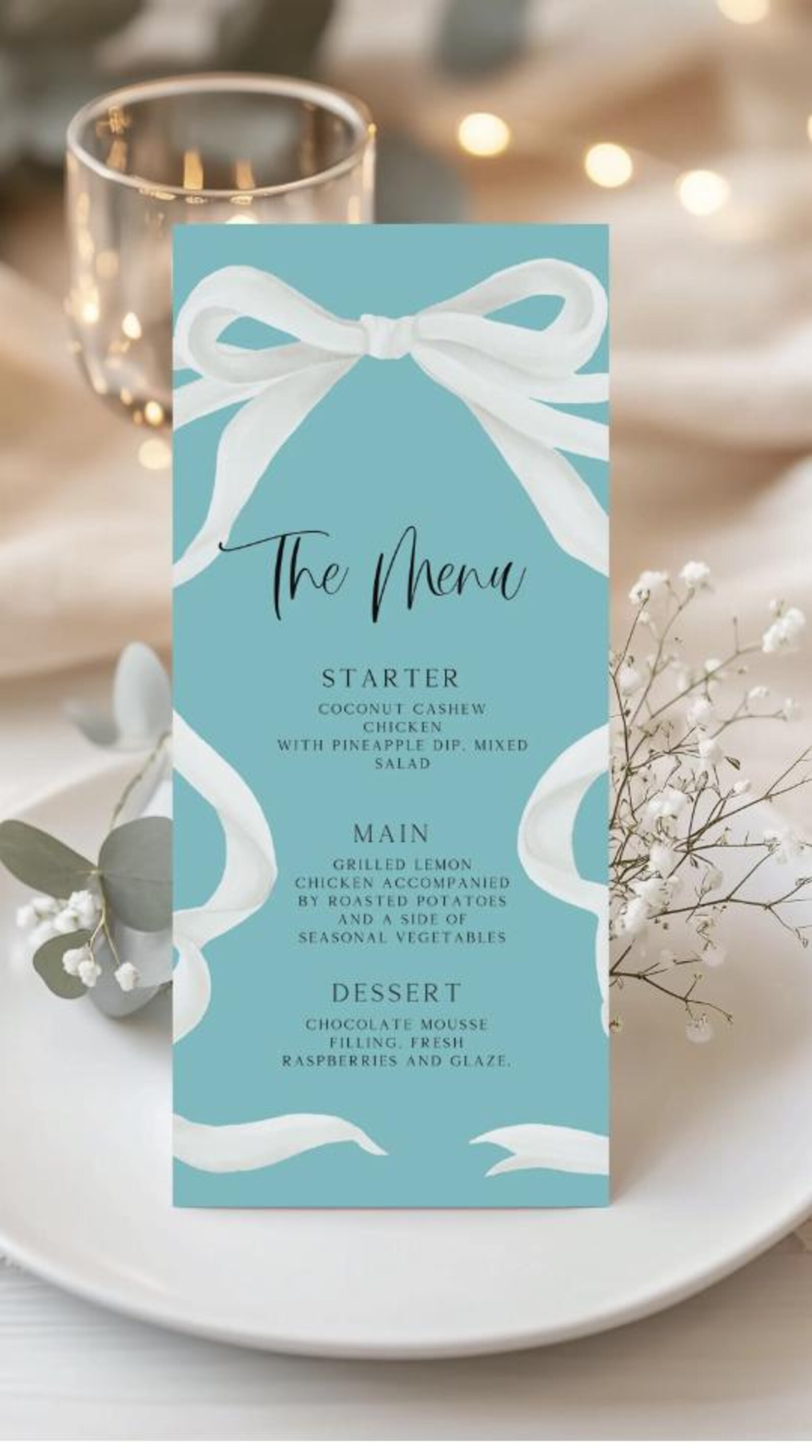 Editable White Coquette Bow Menu, Elegant Tiffany Inspired Party Design ...