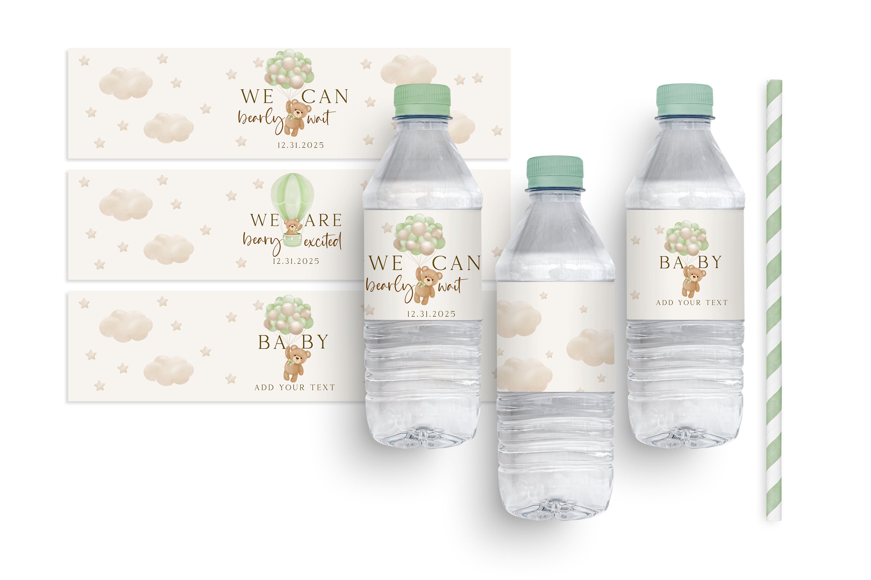 Editable Green Bear Baby Shower Water Bottle Template , We Can Bearly ...