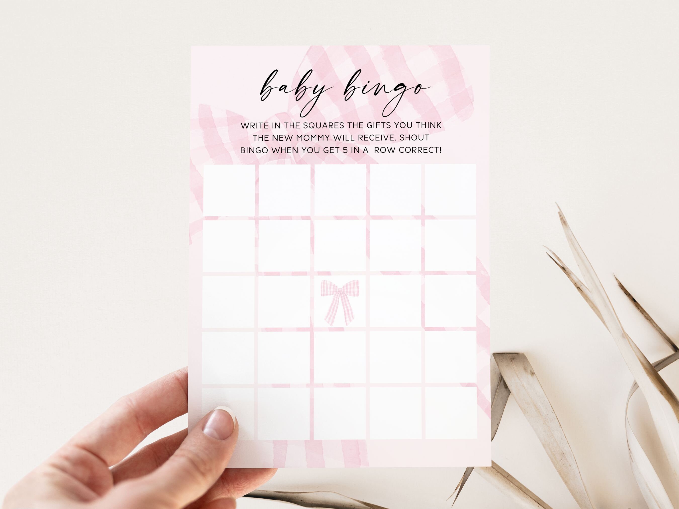 Editable Baby Bingo Blush Pink Bow Gingham Baby Shower Bingo, Pink Bow ...