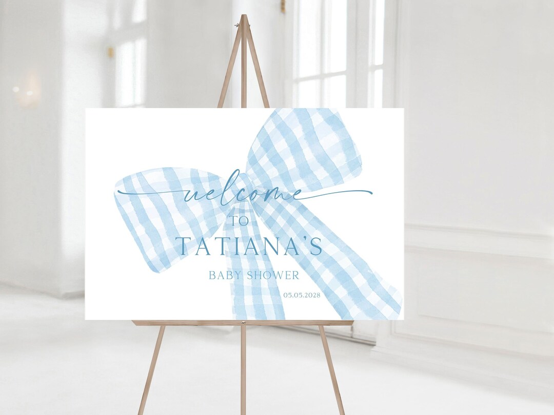 EDITABLE Pastel Blue Gingham Bow Welcome Sign for Baby Shower Blue ...
