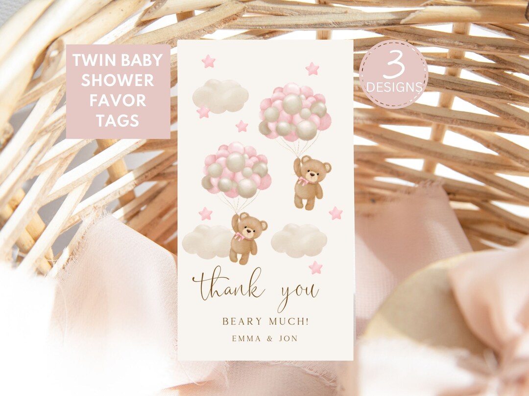 Editable Twin Girls Pink Teddy Bear Favor Tags We Can Bearly Wait Twin ...