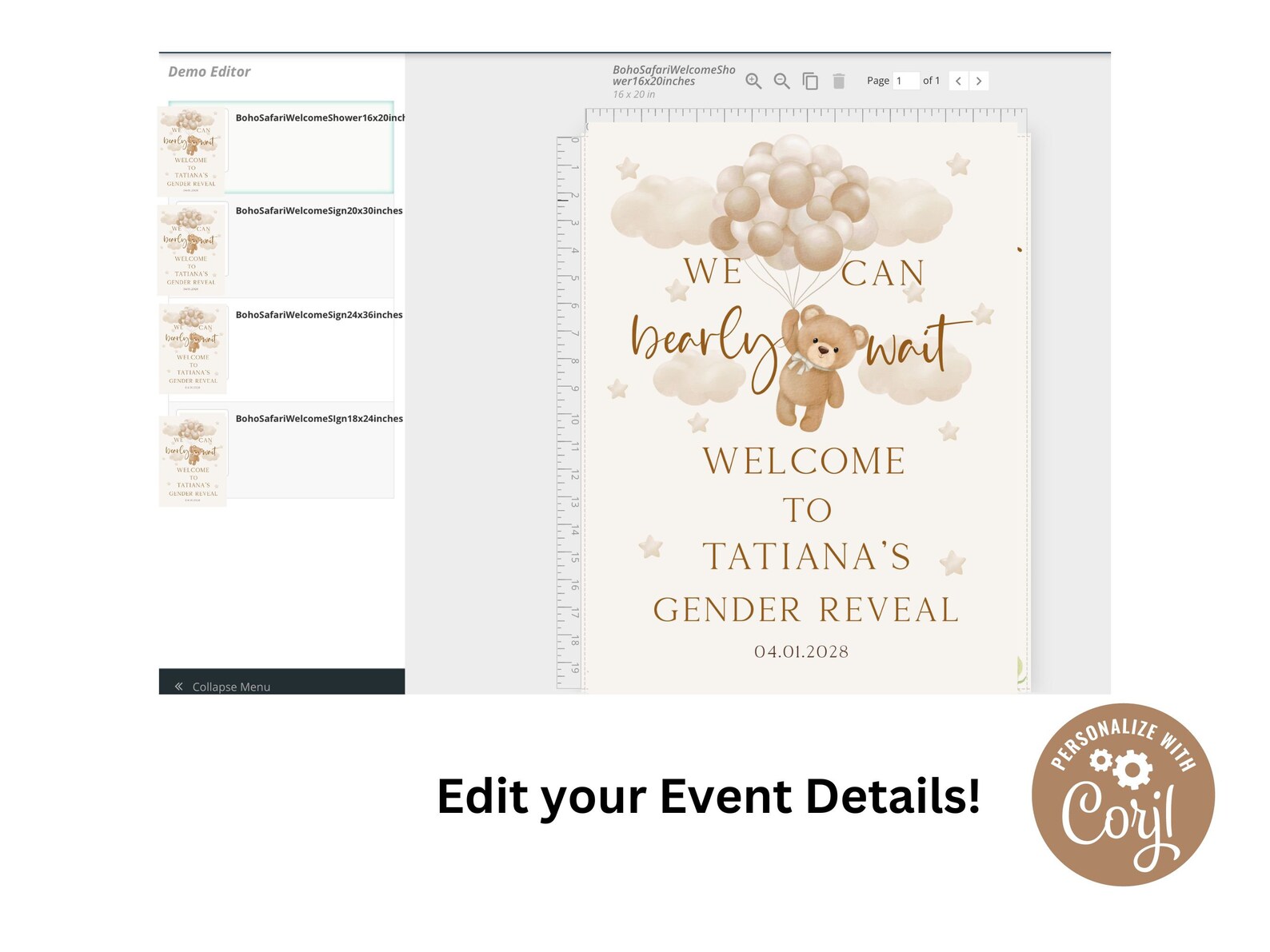 Boho Bear Gender Reveal Welcome Sign: Neutral Beige Balloons (PDF ...