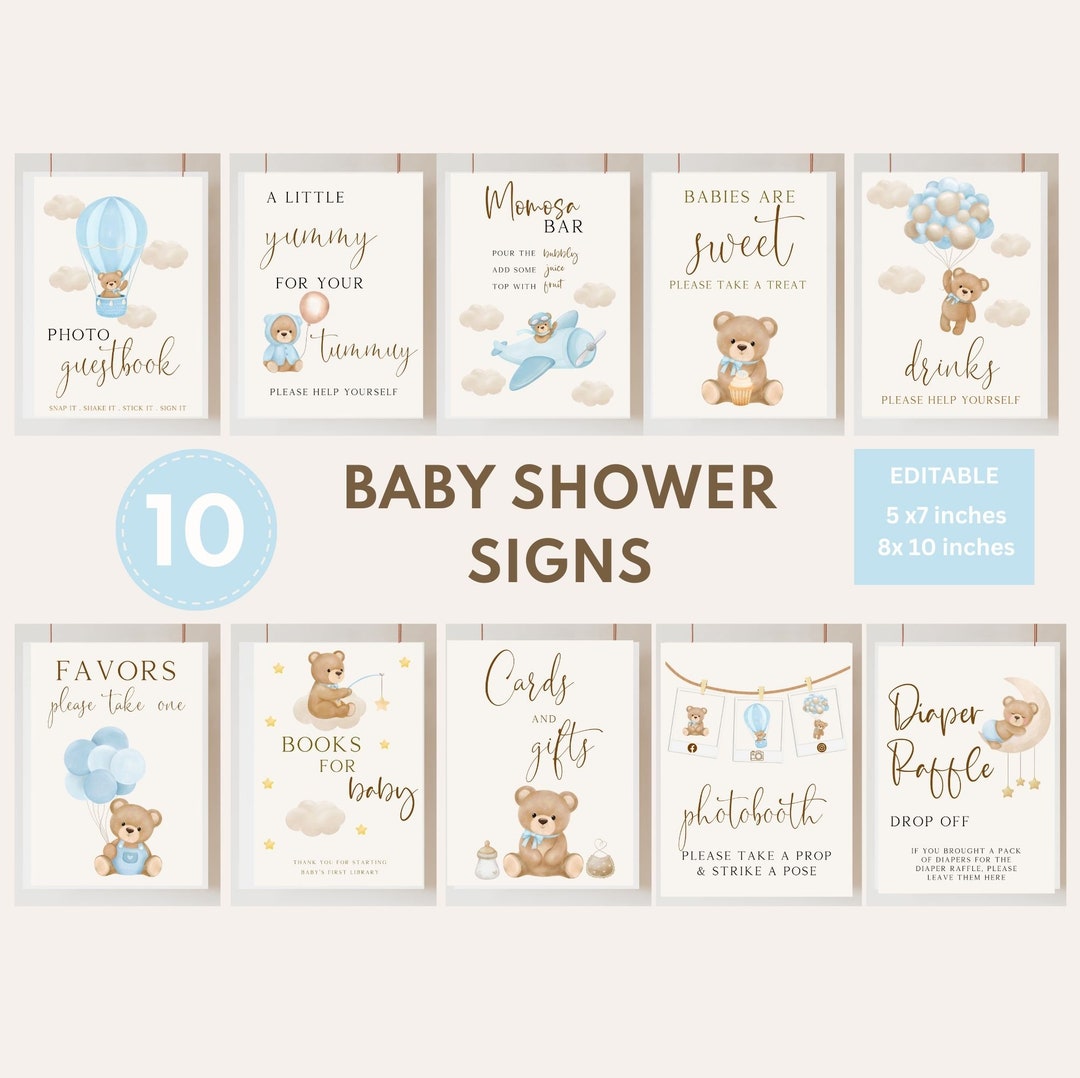 Editable Blue Teddy Bear Baby Shower Signs We Can Bearly Wait Boho Boy ...