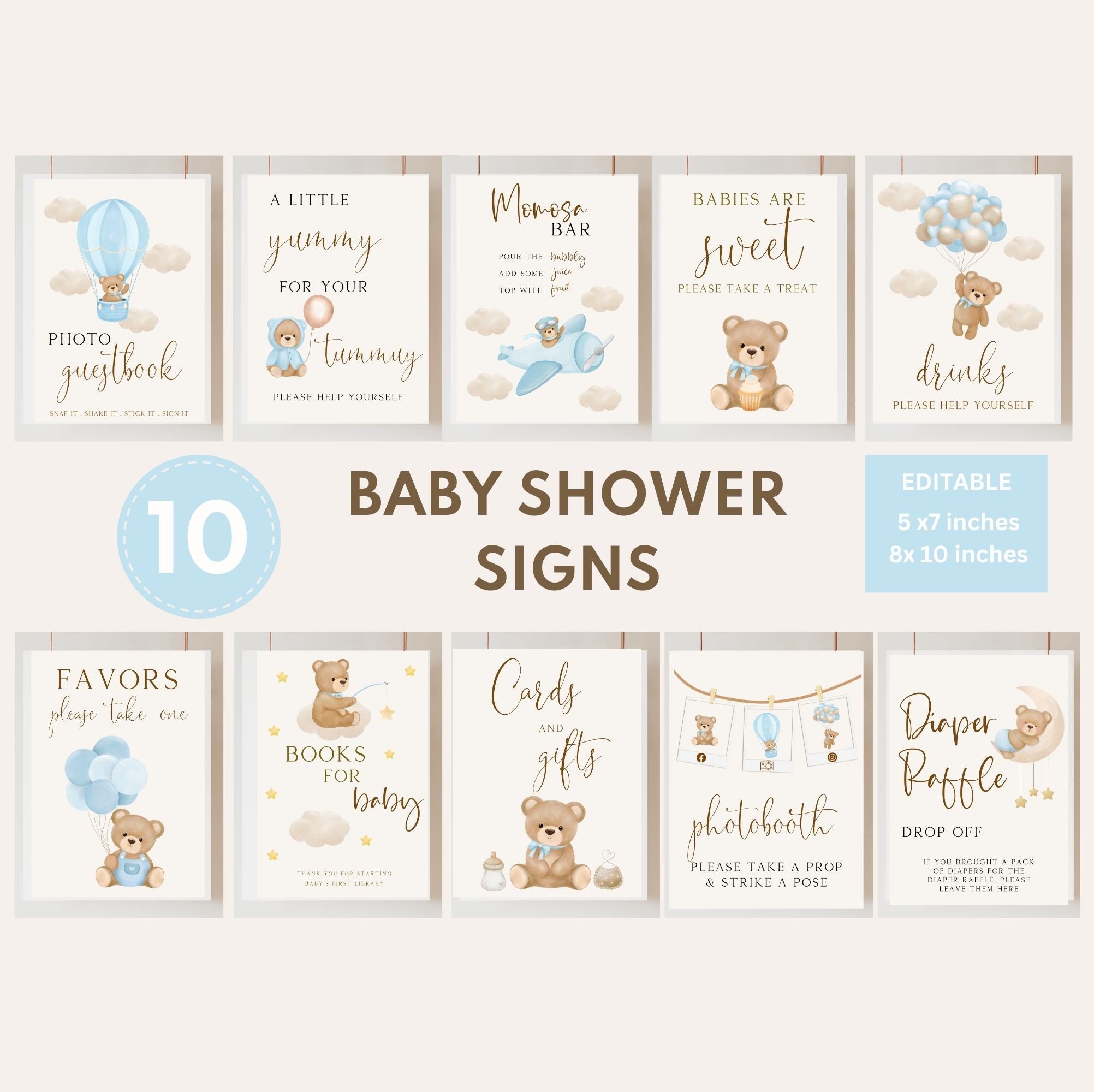 Editable Blue Teddy Bear Baby Shower Signs We Can Bearly Wait Boho Boy ...