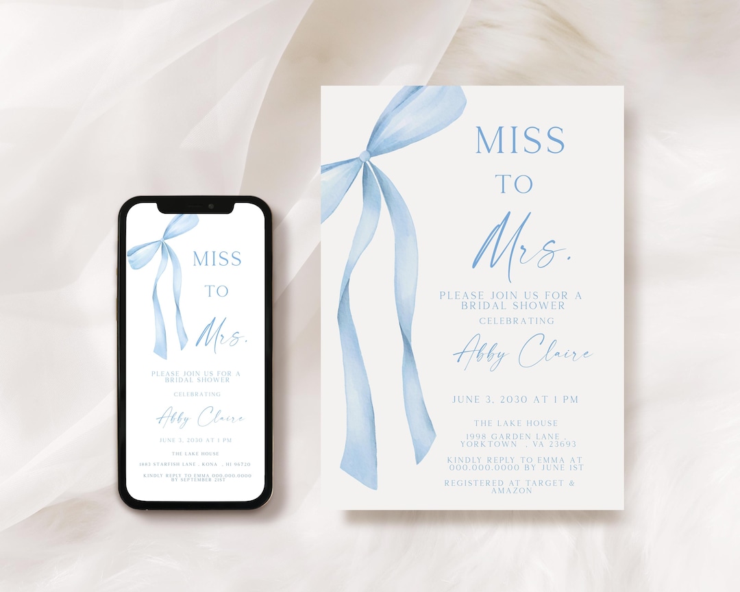 Editable Miss to Mrs. Blue Ribbon Bridal Shower Invite, Coquette Bow ...