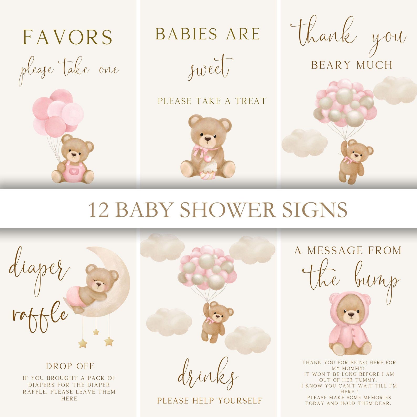 Teddy Bear Baby Shower Signs: Pink & Brown Decor (digital Download) - Etsy