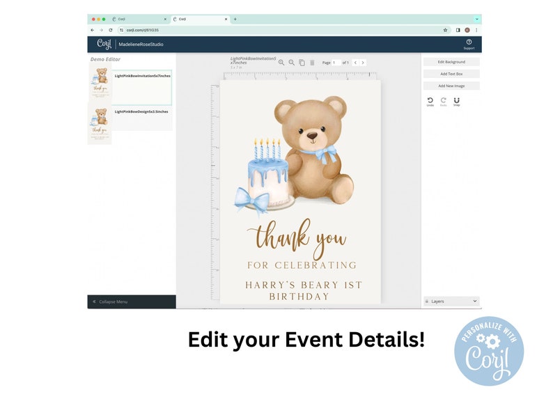 Editable First Birthday, Blue Teddy Bear Party Tags, Thank You Beary ...