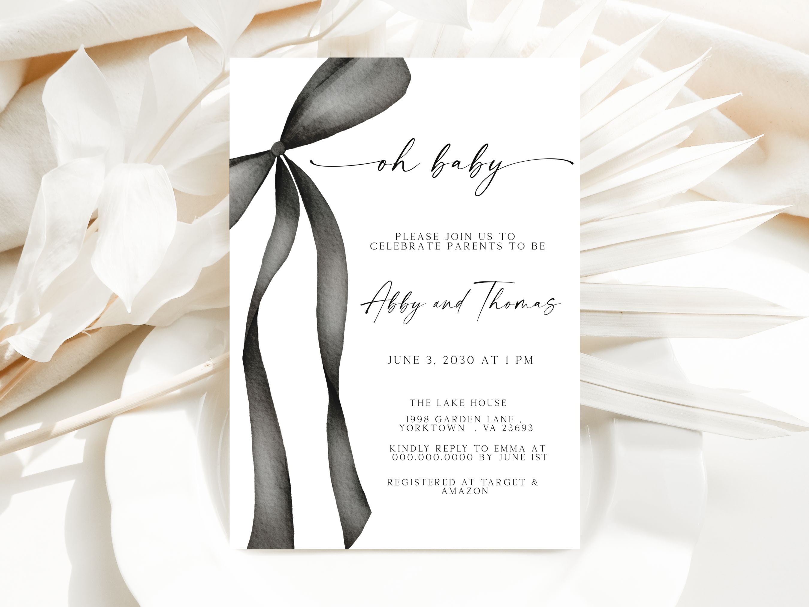 Editable Oh Baby Black Ribbon Baby Shower Invite, Coquette Bow ...