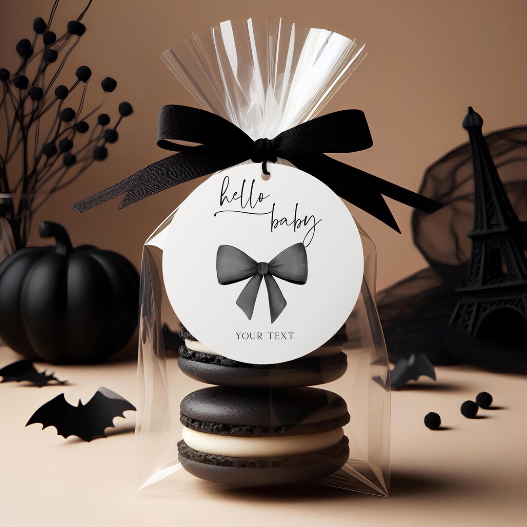 Editable Black Coquette Bow Baby Shower Favor Tags, Halloween Party ...