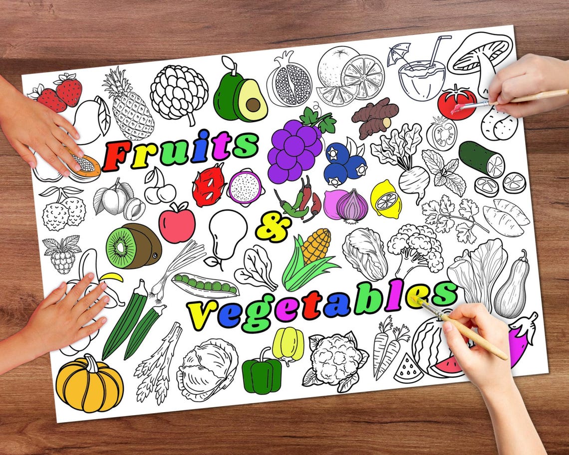 Giant Fruits and Vegetables Coloring Poster, Doodle, Doodle Coloring ...