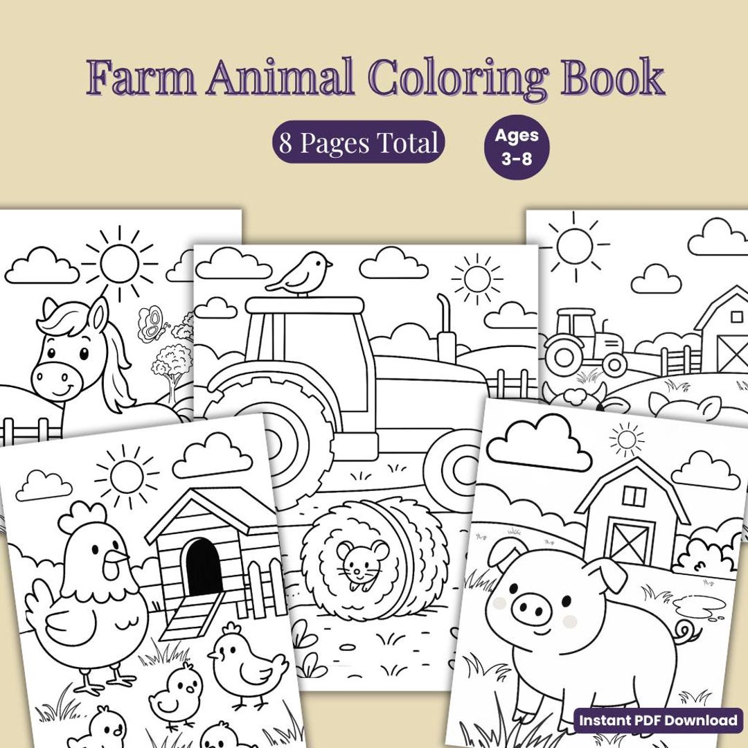 Farm Animal Coloring Pages for Kids – 8 Page Barnyard & Tractor ...