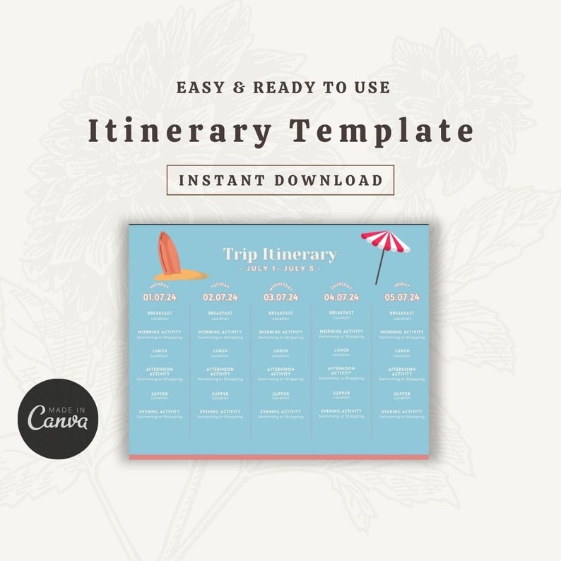 Beach Vacation Detailed Trip Itinerary Template - Etsy