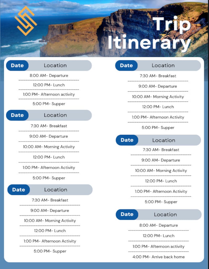 Detailed Trip Itinerary Template - Etsy
