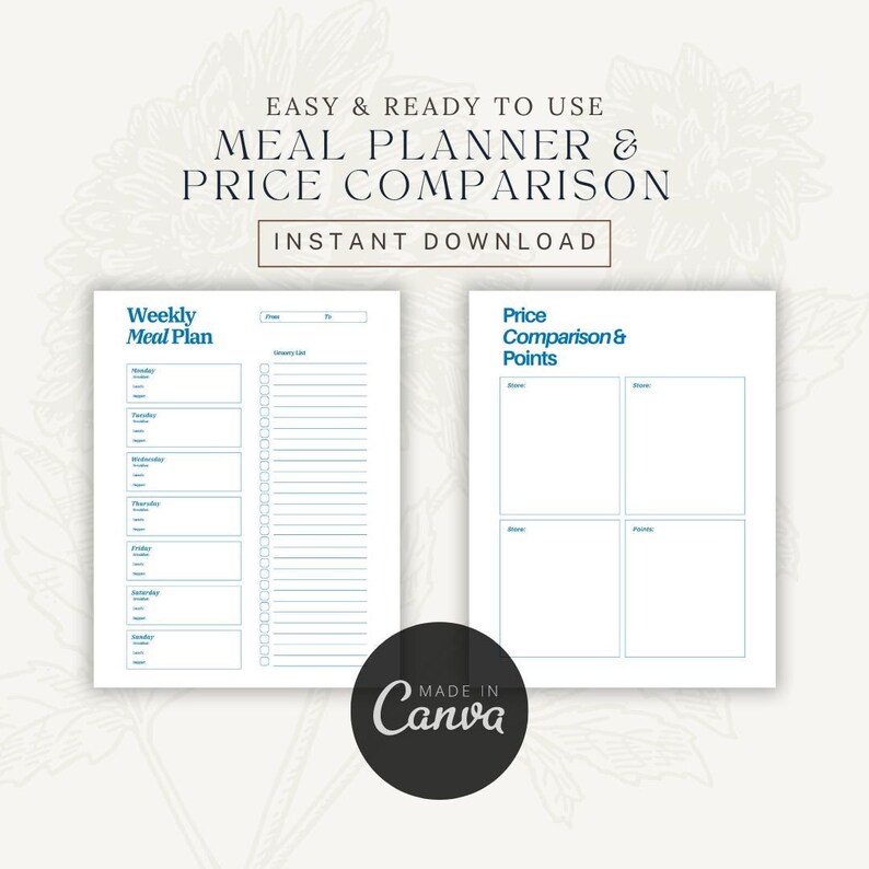 Simple Printable Weekly Meal Planner- Price Comparison & Points - Etsy