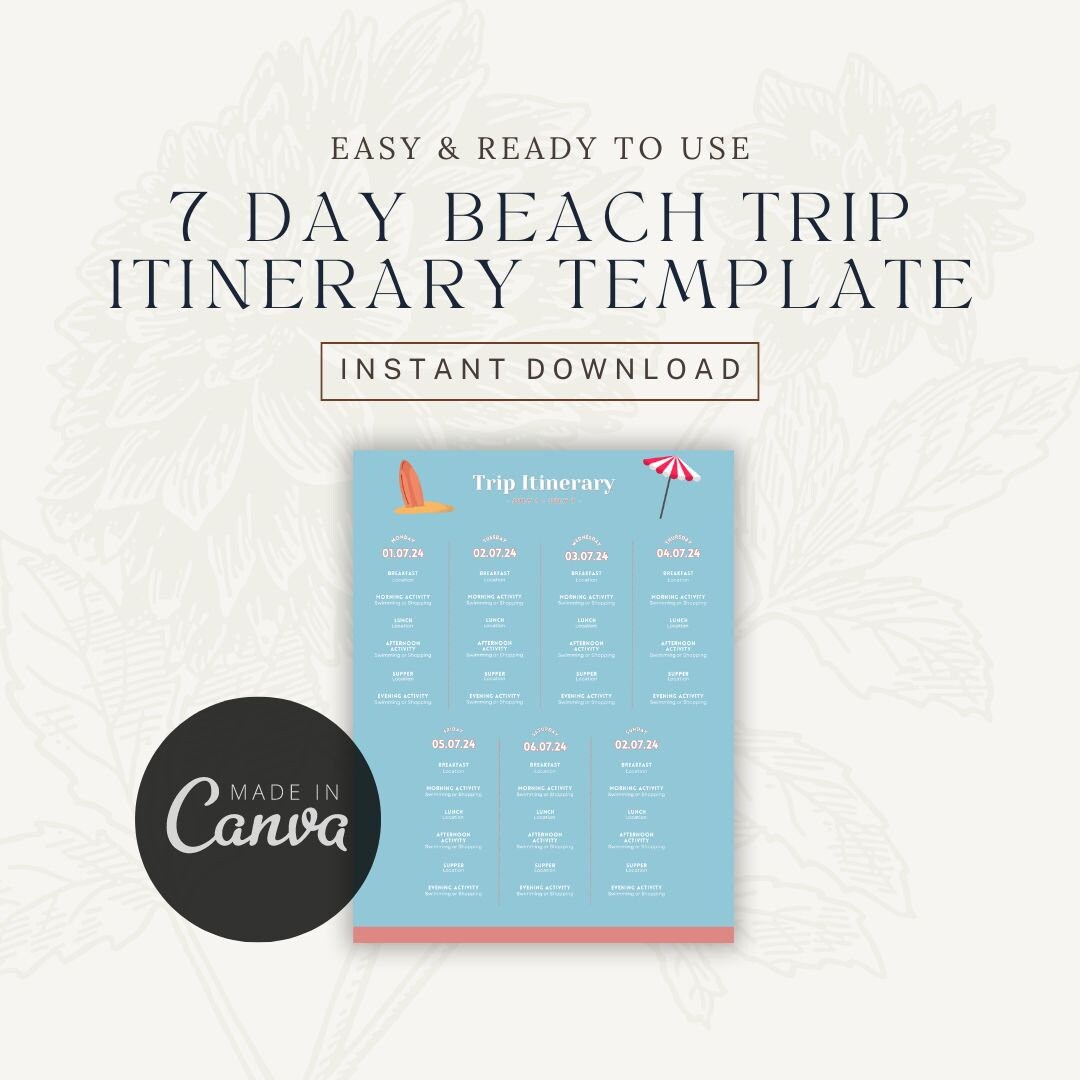 7 Day Beach Vacation Detailed Trip Itinerary Template - Etsy