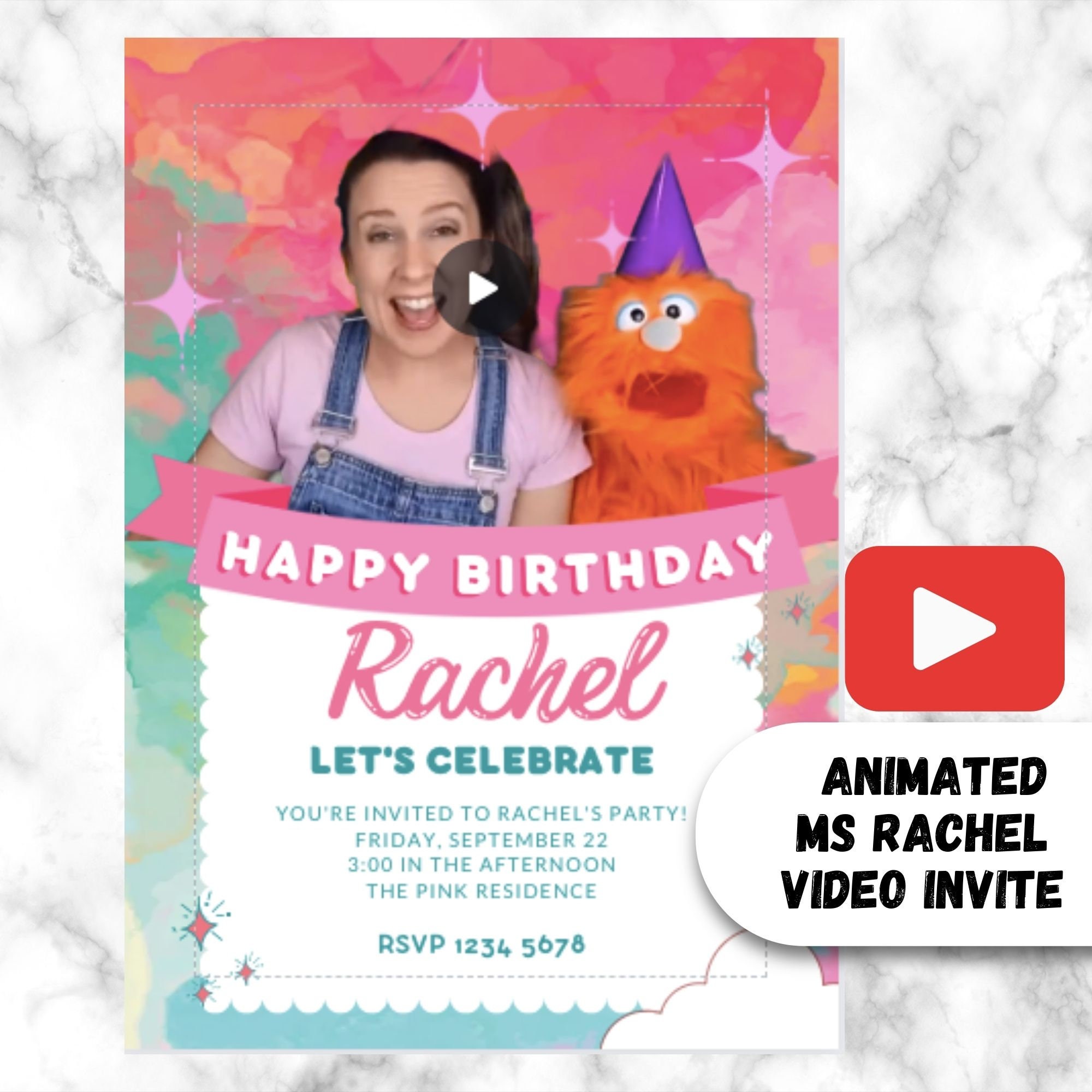 VIDEO Ms Rachel Animated Birthday Invitation in Pink Rainbow - Etsy